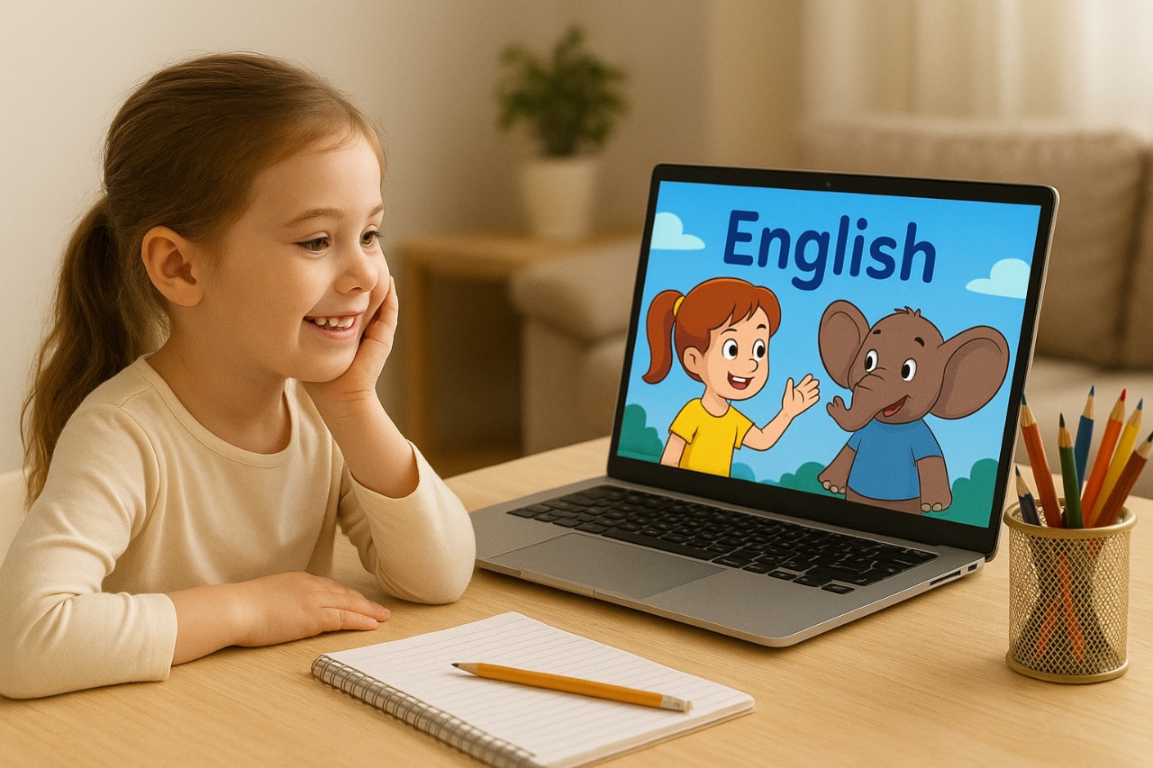 A young girl watching an animated English lesson on a laptop, featuring ...